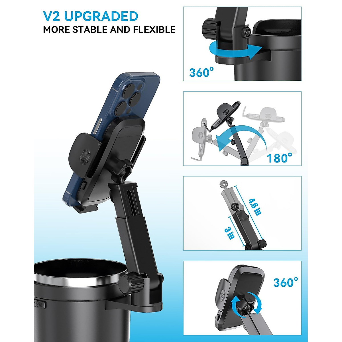 ENQINN Cup Holder Phone Mount for Car with Expandable Base, 2-in-1 Adjustable Cup Cellphone Holder Mount Compatible with iPhone Samsung Pixel and All Smartphones and Other Bottles Mugs in 3.4"-4.0"