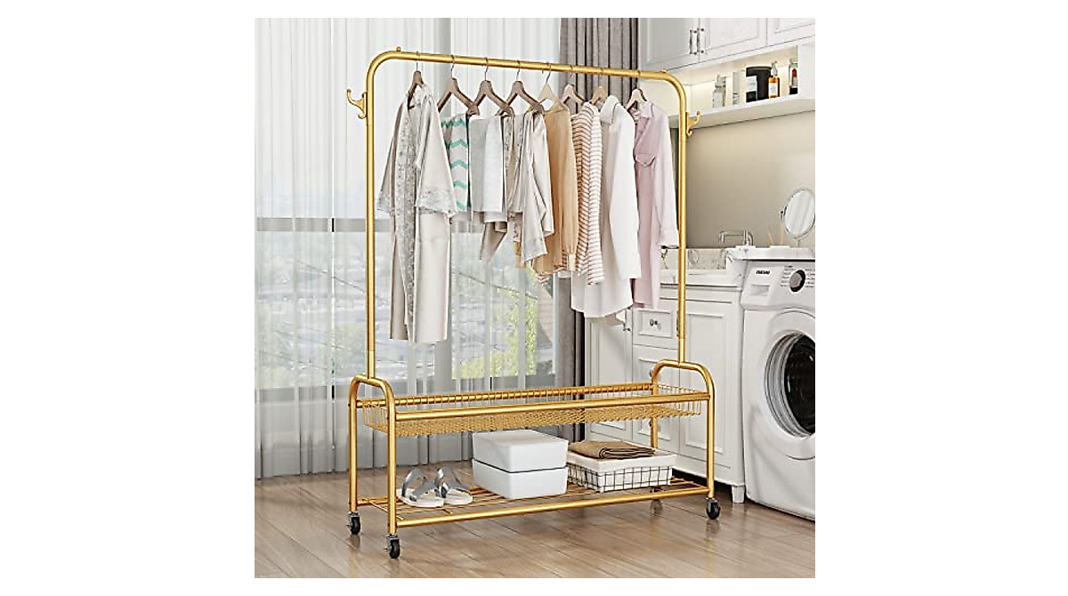 Gold Clothing Rack with Wheels for Easy Storage