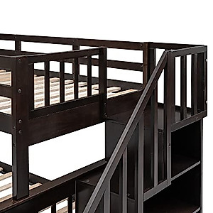 MERITLINE Twin Over Full Bunk Bed with Stairs, Wood Bunk Bed Frame with Storage Drawers and Shelves, No Box Spring Needed (Espresso)
