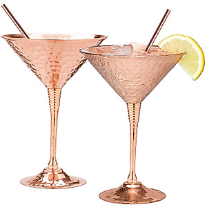 Mosscoff Copper martini glasses set of 2 9.5oz Hand hammered solid copper goblets with exquisite reinforcement ring. – Bonus pure copper straws – A gift set Valentine's day no one can resist