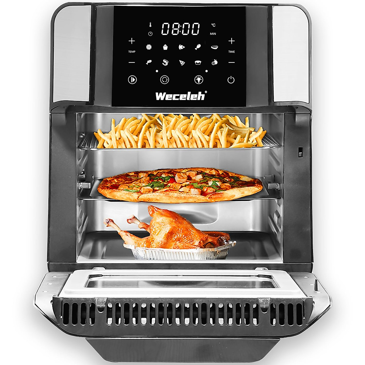 Weceleh Air Fryer 10 in 1 Toaster Oven, 15.8 QT Large Air Fryer with Visible Window, 15L Large Family Size, 60 Minutes Timer, Accessories Included, Touchscreen, No-Oil Frying, NonStick, Black, 1700W