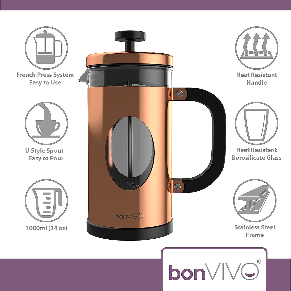 bonVIVO GAZETARO I Large French Press Coffee Maker - Glass French Coffee Press Machine Made of Heat Resistant Stainless Steel and Borosilicate Glass in Copper Finish, With Filter, 34 ounces…