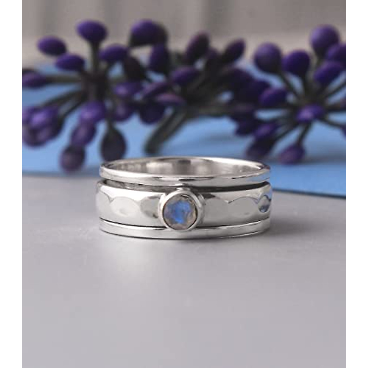 Rainbow Moonstone Spinning Ring Handmade Band Sterling Silver Spinner Meditation Ring (10)
