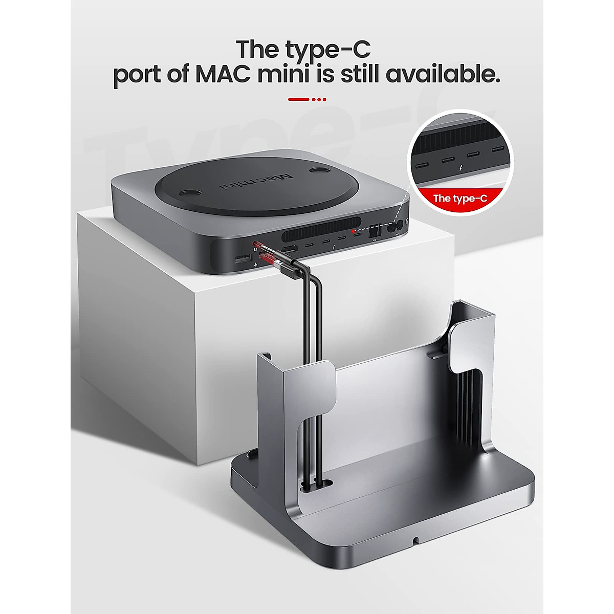VAYDEER Mac Mini Stand Space Gray ABS Plastic Dock for Mac Mini, 8-in-1 Dock Station Holder with Power Adapter, USB 3.0 Ports/USB Hub for Data Transfer TF/SD Card Reader HDD/SSD Slot Audio Jack