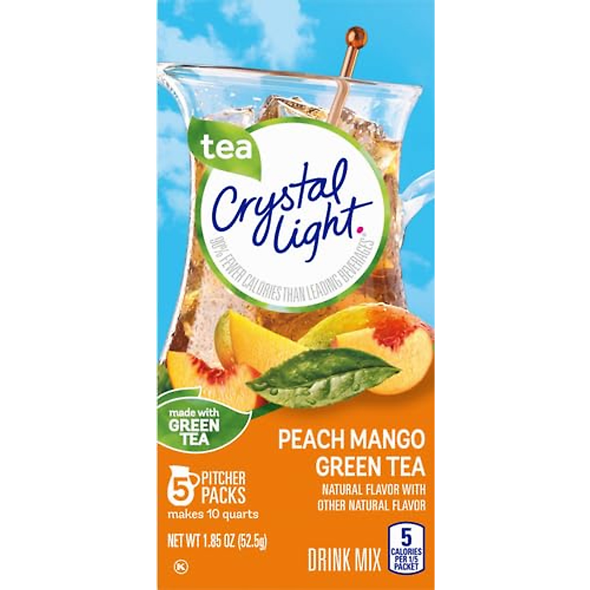 Crystal Light Peach Mango Green Tea Naturally Flavored Powdered Drink Mix, 5 ct Pitcher Packets