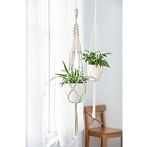 Mkono Macrame Plant Hangers with Pots Indoor Set of 2 Hanging Planters Holder 6.5 Inch Plastic Planter Included Self Watering Hanging Pots for Plants with Saucers & Perforated Insert, 41 Inch