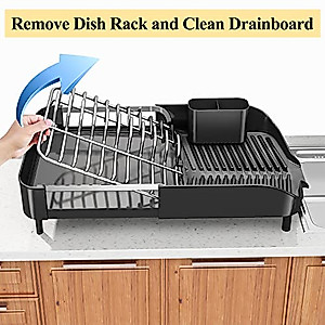 Dish Drying Rack - Large Dish Rack, Expandable Stainless Steel Dish Drainers for Kitchen Counter with Cutlery Holder, Drying Rack for Kitchen Sink, Black