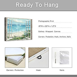 ARTISTIC PATH Window Picture Seascape Wall Art: Sailboat Beach Scene Artwork Painting on Canvas for Office (45" W x 30" H,Multi-Sized)