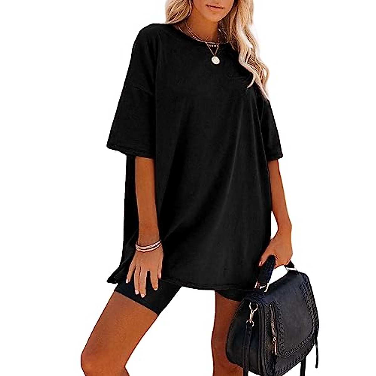 Remidoo Women's Oversized T Shirt Solid Short Sleeve Distressed Solid Tees T-Black Large