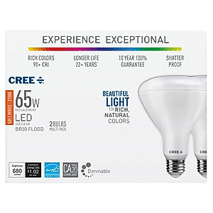 Cree Lighting Exceptional Series BR30 Bulb, 2700K Dimmable LED Bulb, 65W + 680 Lumens, Soft White, 2 Pack
