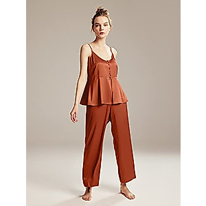AW BRIDAL Satin Pajamas Set Sexy Silk Sleeveless Pjs Set Soft Camisole Tops and Pants 2 Pieces Sleepwear for Women Bride, Burnt Orange L