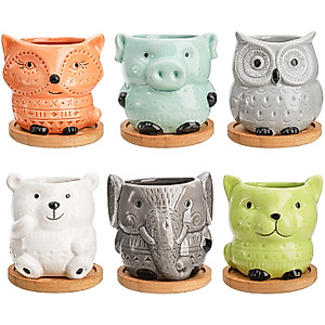 Frcctre 6 Pack Ceramic Succulent Pots, Small Succulent Planter Pots with Drainage and Bamboo Tray, Cute Animal Planting Pot Flower Pot Indoor Plant Pot for Succulent, Cactus, Garden Office Home Decor