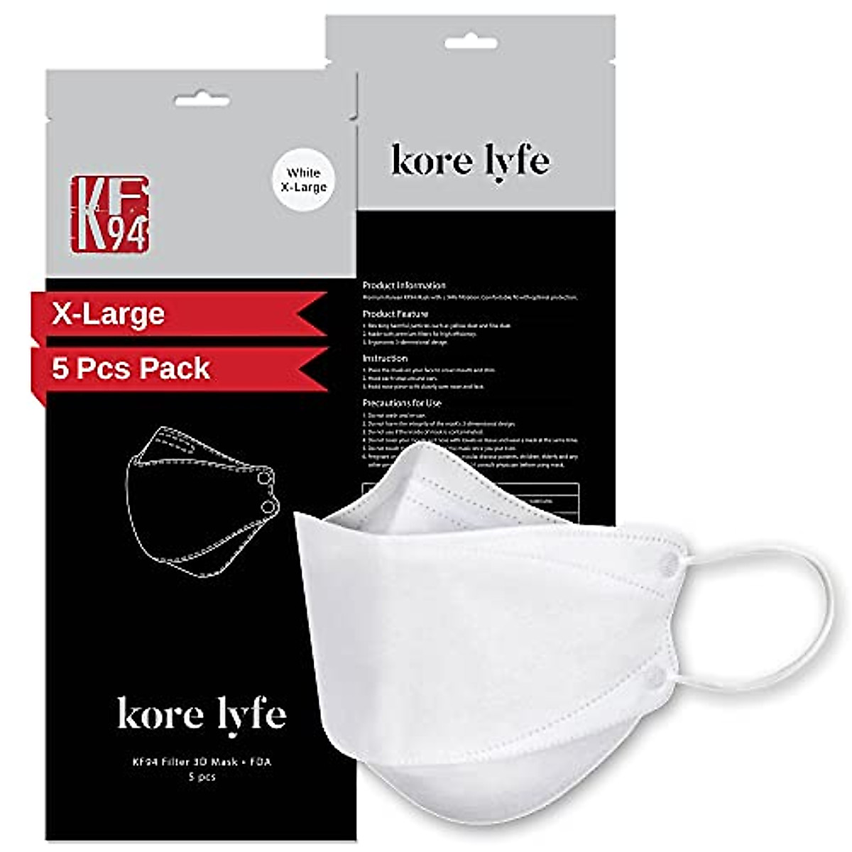 [10 PCS] 25% LARGER KF94 Face Mask - X-LARGE WHITE - [Made in Korea] - In 5 PCS Reclosable Package - Breathable Premium Quality - [Package in English]