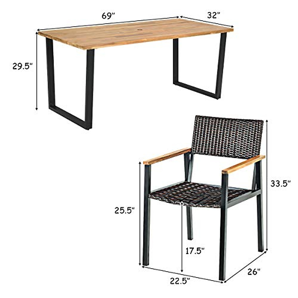 Tangkula 7 Pieces Outdoor Dining Set, Patented Patio Furniture Set w/Large Rectangle Acacia Wood Table Top, Rattan Chairs with Steel Frame, Umbrella Hole, for Backyard Garden