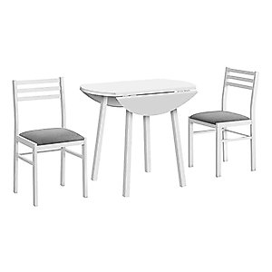 Monarch Specialties I 1011 Dining Table Set, 3pcs Set, Small, 35" Drop Leaf, Kitchen, White Metal and Laminate, Grey Fabric, Contemporary, Modern