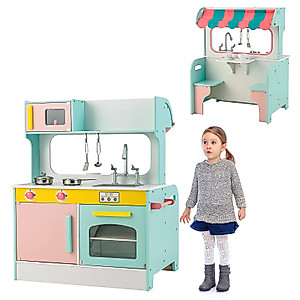 INFANS 2 in 1 Kids Play Kitchen and Restaurant, Double Sided Toddler Wooden Pretend Cooking Set with Stove Sink Microwave Storage Cabinet, Simulation Kitchen Toy Set for Boys Girls (Modern)