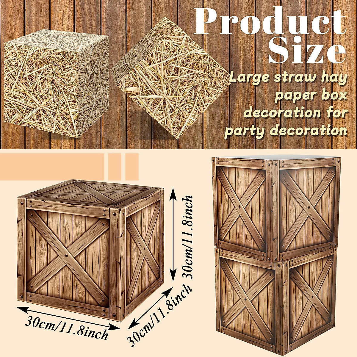 6PCS Hay Bales Boxes Decor Western Cowboy Party Decorations Large Farm Fake Trunk or Treat Car Photo Booth Wooden Grain Straw Fall Harvest Halloween for Rodeo Birthday Baby Shower Favors Supplies