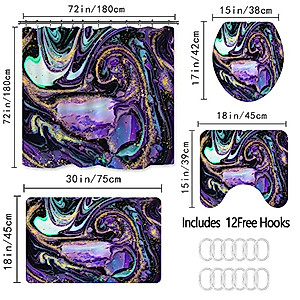 Dexsawoi 4-Piece Purple Marble Shower Curtain Set with Non-Slip Purple Blue Crystal Mineral Marble Carpet, Toilet lid, and Bath mat. Bathroom Curtain with 12 Hooks 72 x 72 inches
