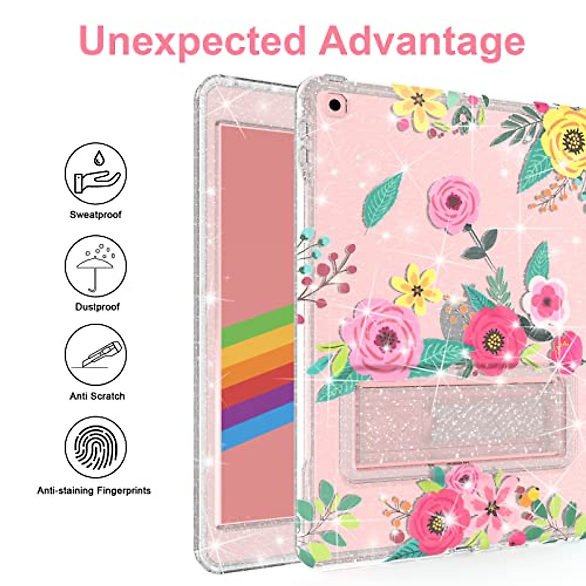 Rantice iPad 9th Generation Case, iPad 8th Generation Case, iPad 7th Generation Case, iPad Case for Women Girl Kids, Slim Shockproof Glitter Flower Clear Transparent iPad 10.2 Case with Kickstand