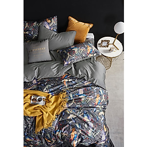 Eikei Home Chinoiserie Chic Peacock Floral Duvet Cover Paradise Garden Botanical Bird and Tree Branches Vintage Stylized Long Staple Cotton Bedding Set (Gray, Queen)