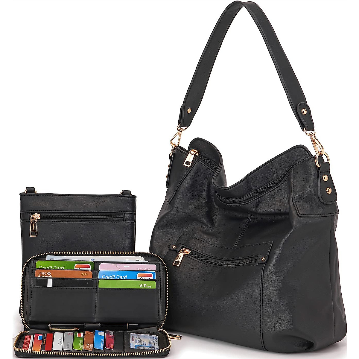 Large Crossbody Bags Ladies Shoulder Handbags Purse and Wallet Set for Women Hobo Purses Black