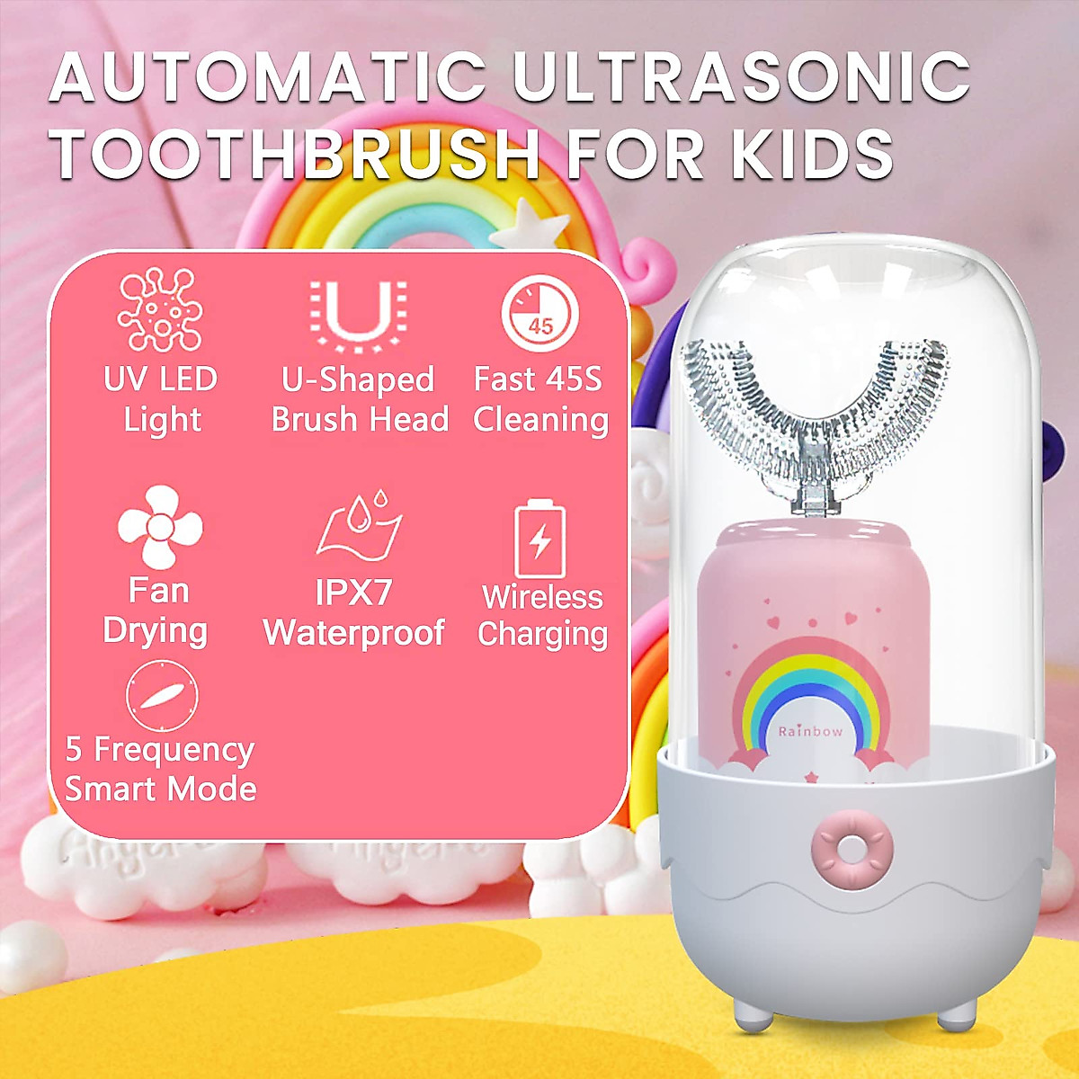 luckin smile Electric Toothbrush Kids, U Shaped Kids Electric Toothbrushes, Whole Mouth Toddler Toothbrush with 5 Ultrasonic Cleaning Modes, IPX7 Waterproof, 2-6 Year, Pink