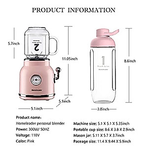 Smoothie Blender, Homeleader Personal Blender for Shakes and Smoothies, Portable Blender with 6 Sharp Blades, 21oz Travel Cup and Lids, Pink