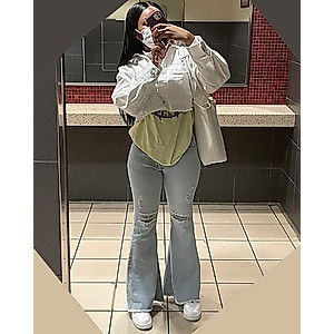 CutieLove Women's Ripped Jeans Bell Bottom Flare Jeans Mid Rise Destroyed Hem Denim Pants A-Light Blue