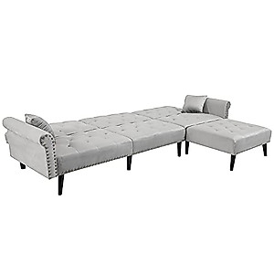 NOSGA Sofa Bed, Velvet Sectional Couch Convertible 115 L-Shape Sofa Bed Sleeper Reversible Chaise with 2 Pillows Adjustable Back for Living Room and Small Space (Gray)