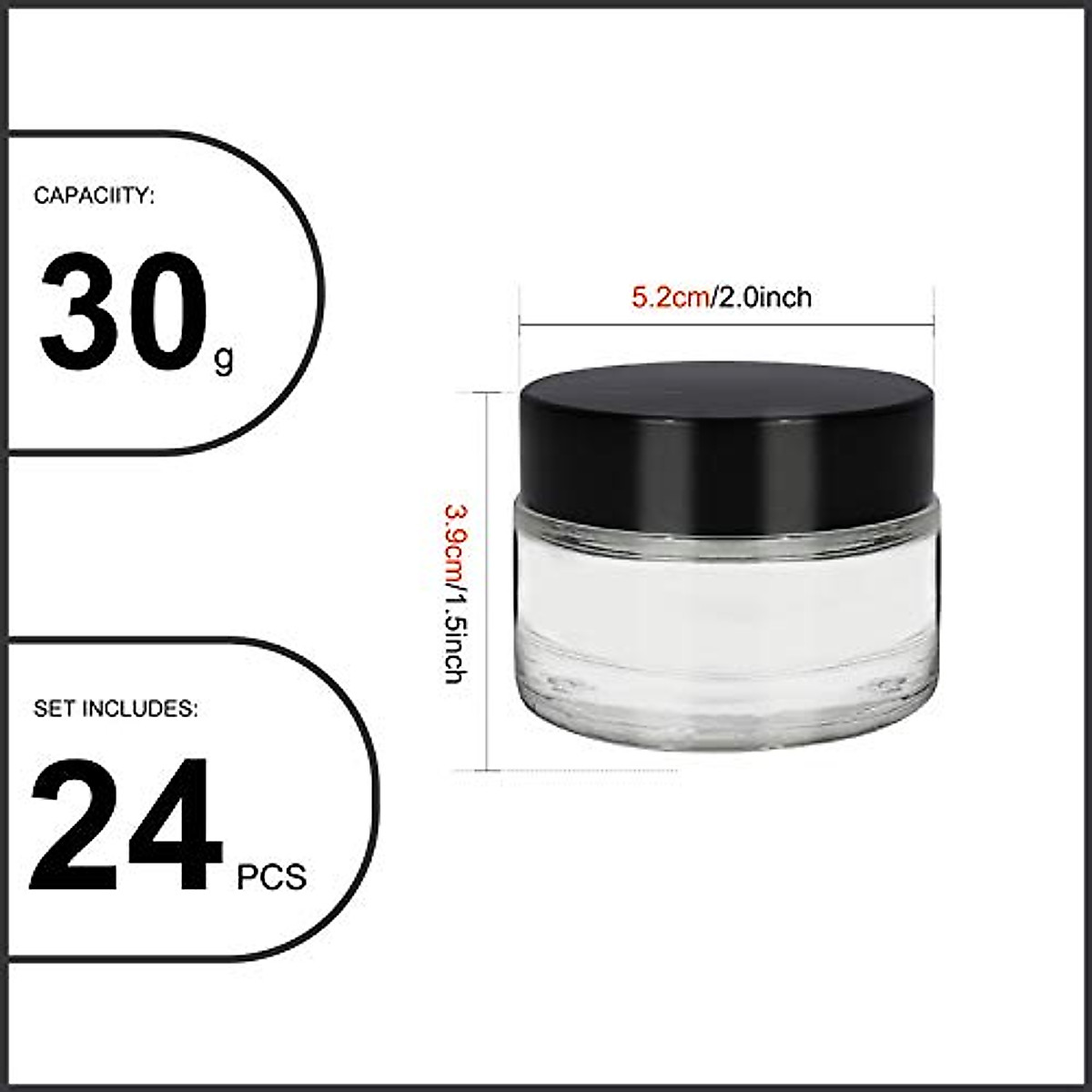 24 Pack 1oz Clear Round Glass Jars - Empty Cosmetic Containers with Inner Liners, black Lids and Glass Sample Jars with labels For Slime, Beauty Products, Cosmetic, Lotion，Powders and Ointments