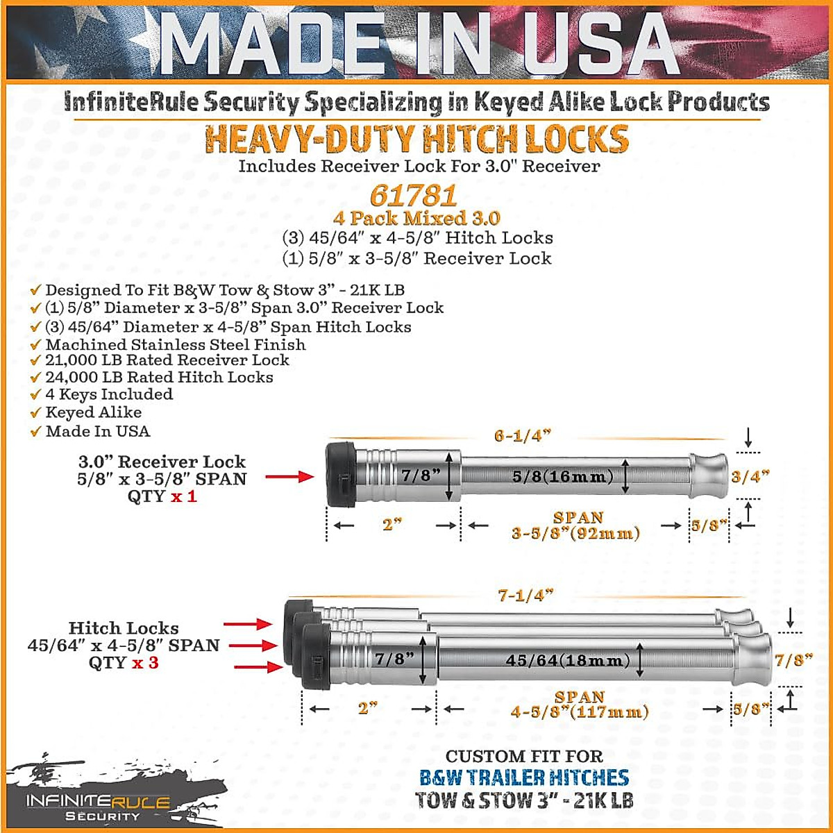 InfiniteRule Security 61781 | 4 Pack Mixed 3.0, Keyed Alike, Hitch Locks for B&W 3.0" Tow & Stow 21K LB - Includes Lock for 3.0" Receiver