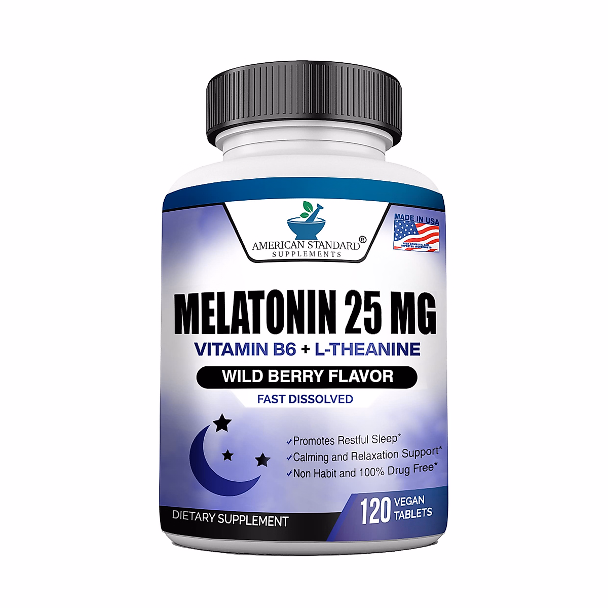 Melatonin 25mg Per One Tablet, 120 Chewable Tablet with L-Theanine & Vitamin B-6, Supports Healthy Sleep Cycle , Promotes Calming & Restful Sleep, Vegan, NON GMO, Made In USA