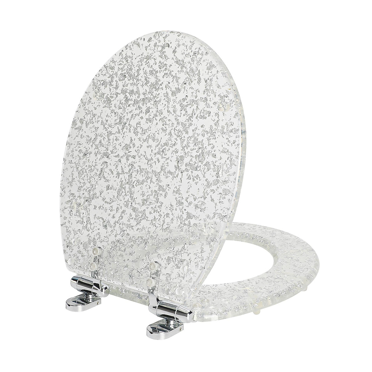Angol Shiold Resin Round Toilet Seat Glitter Silver, Slow Quiet-Close Heavy Duty Acrylic Toilet Seats for Standard Toilets, Easy Installation & Cleaning (Round 17", Silver Foil, Upgraded hinge)