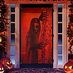 Halloween Theme Backdrop Door Banner Zombie Vampire Creepy Devil Hand Haunted House Terror Theme Happy Halloween Party Decoration Supplies for Men Boys Red