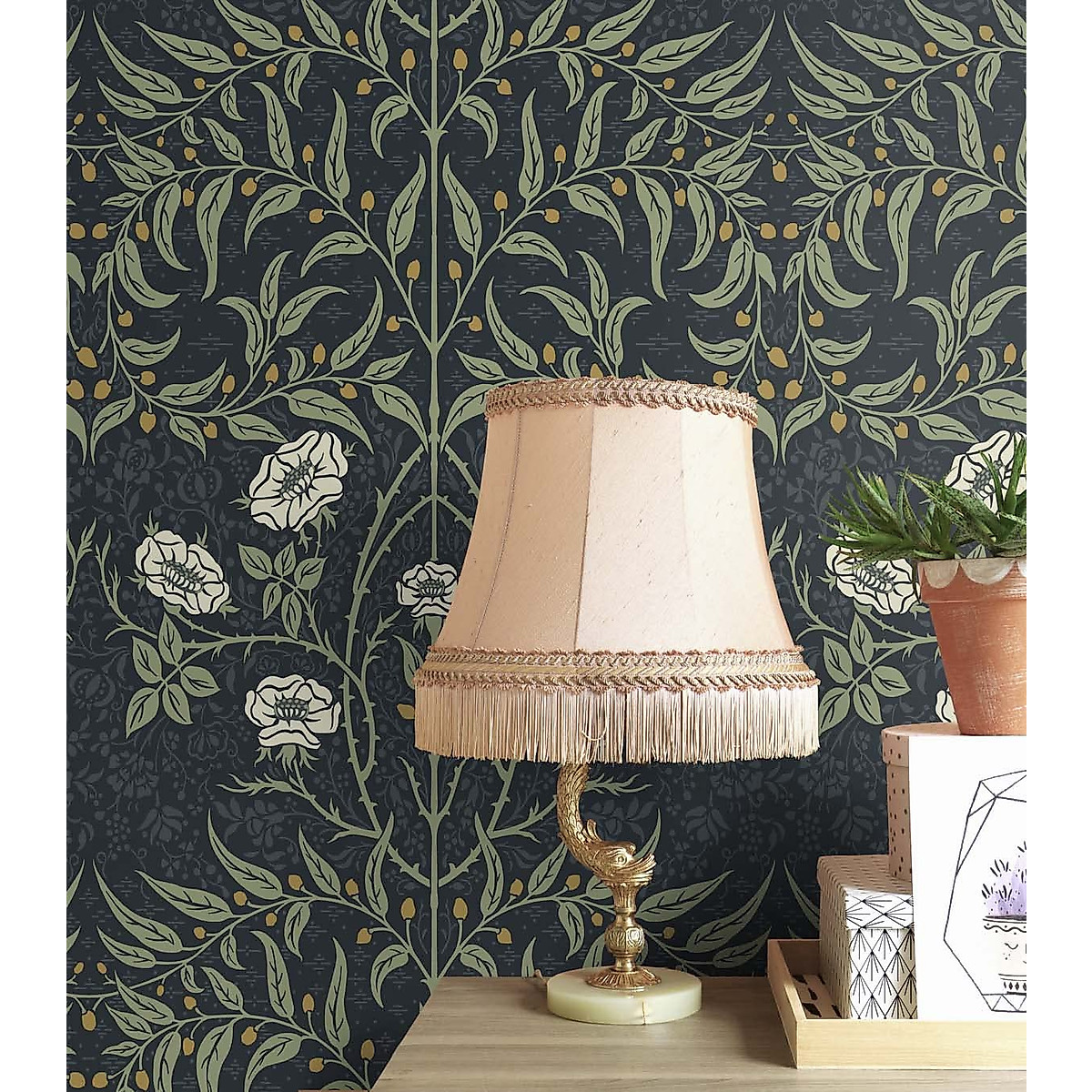 NextWall Stenciled Floral Peel and Stick Wallpaper (Navy & Sage)
