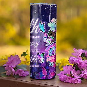 CERMELUS Butterfly Faith Cross 20oz Skinny Tumbler, Stainless Steel Double Wall Insulated Cup With Lid And Straw Multi, Bible Verse Christian Tumbler, Gifts for Women, Men, Mom, Daughter, Friends