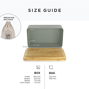 LARS NYSØM Bread Box I Metal bread box with linen bread bag for long lasting freshness I Bread box with bamboo lid usable as cutting board I 13.4x7.3x5.3In (Sage Green)