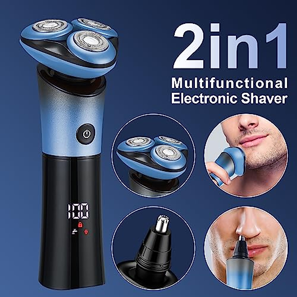 Men Electric Razor, SOPPY Cordless Electric Shaver with 360° Magnetic Head, Rechargeable Wet Dry Shaver, IPX7 Waterproof Electric Razors as Birthday Christmas for Husband Dad, Blue