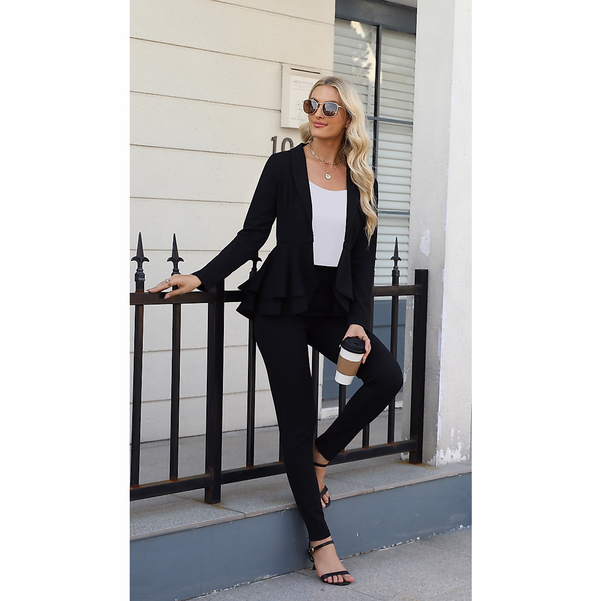 Salimdy Sexy 2 Piece Outfits for Women Long Sleeve Solid Blazer with Pants Casual Elegant Business Suit Sets Black M