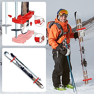 BOXOB Cross Country Skis and Poles Holder, Universal Ski Pole Clips Holder Ski Pole Carrier Ski Accessories, 1 Pair, Red