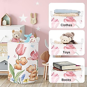 Clastyle Large Pink Tulip Bear Baby Gift Basket Kid Clothes Toy Book Nursery Storage Bin Girl Bedroom Butterfly Flower Laundry Hamper, 14x17.7 in