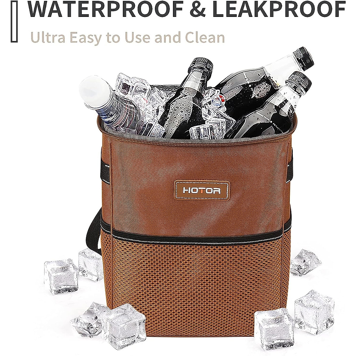 HOTOR Brown Car Trash Can with Adjustable Strap, Magnetic Snaps, Waterproof Lining, and Storage Pocket