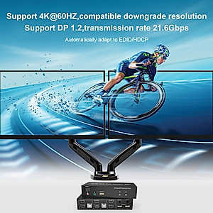 KVM Switch Dual Monitor DisplayPort 4K@60Hz Extended Display, Displayport 1.2 KVM Switch 2 in 2 Out with Audio Microphone Output and 3 USB 2.0 Hub 2 Monitors 2 Computers kvm Switch