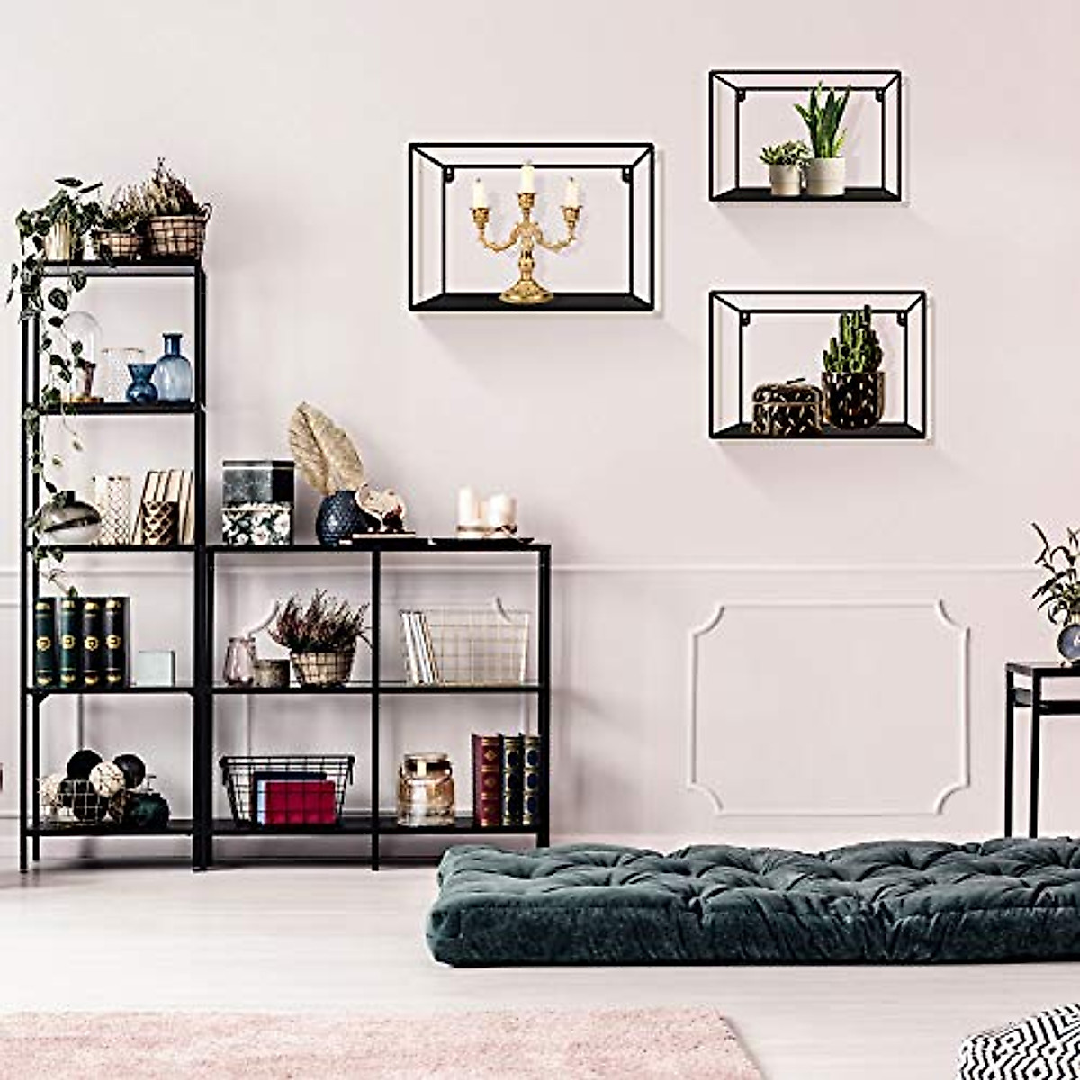 Metal Floating Shelves,Modern Metal Wire Frame Shadow Boxes, Decorative Wire Cube Floating Shelves,Set of 3, Black