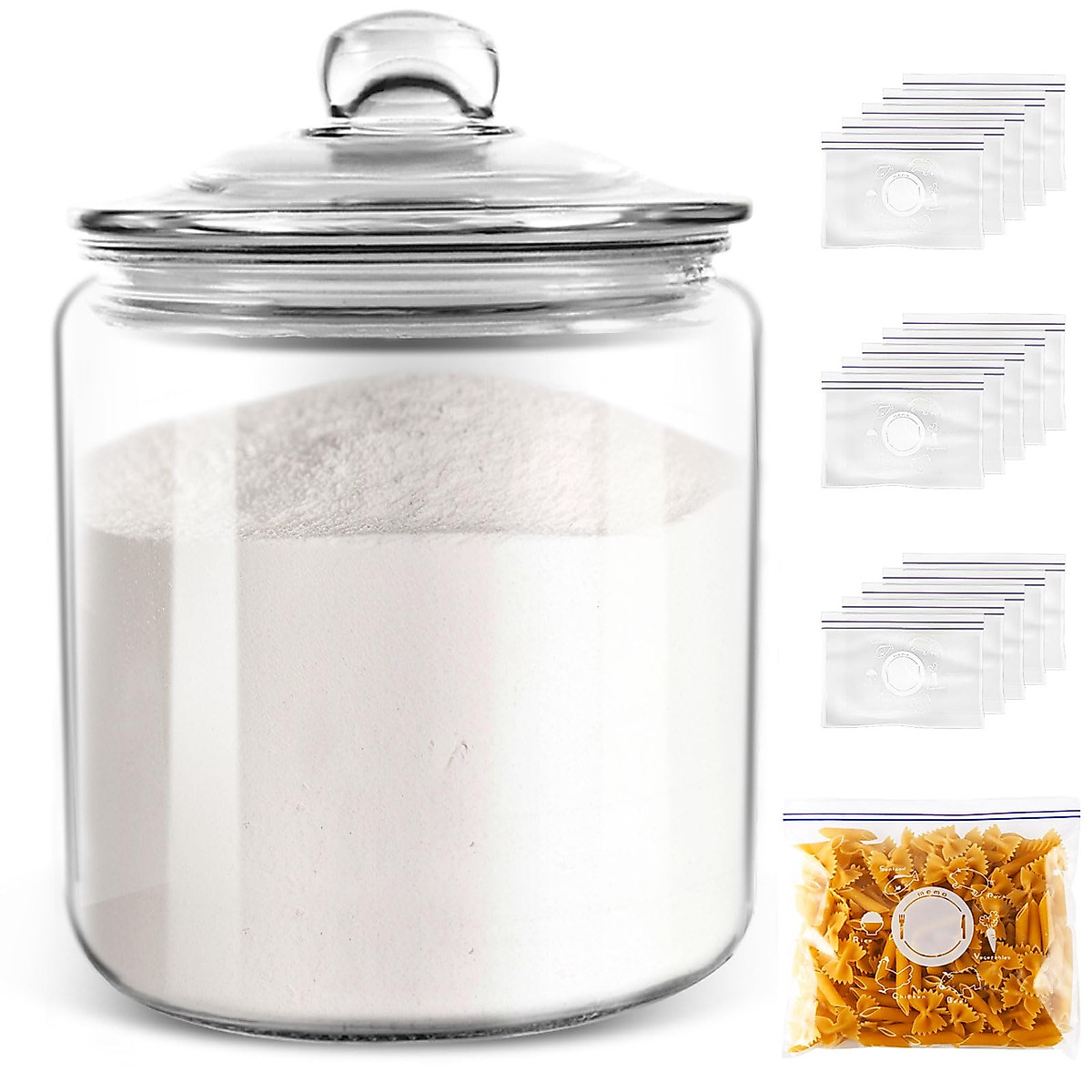 Masthome 1 Gallon Glass Jar with Lid,Large Glass Cookie Jar,Wide Mouth,Dishwasher Safe,Large Clear Jar,Storage Containers with Lids For Flour,Nuts,Cookies,Snacks-Send 15pcs Food Storage Bags