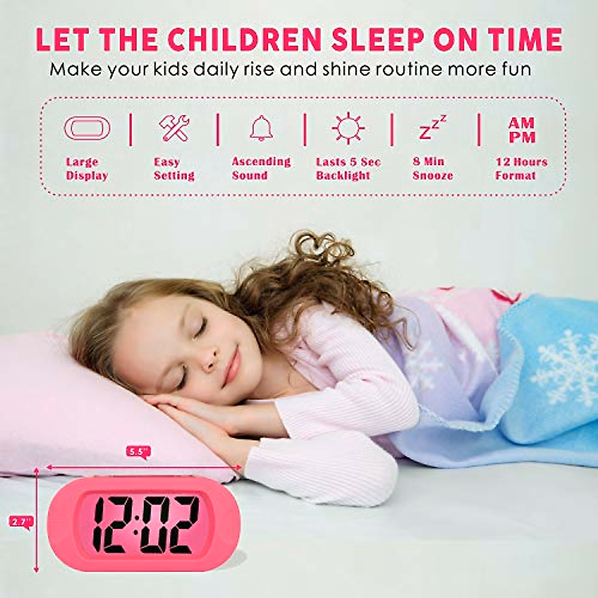 Plumeet Kids Alarm Clock Large Digital LCD Travel Alarm Clocks with Snooze and Night Light - Ascending Sound and Handheld Sized - Best Gift for Kids (Pink)