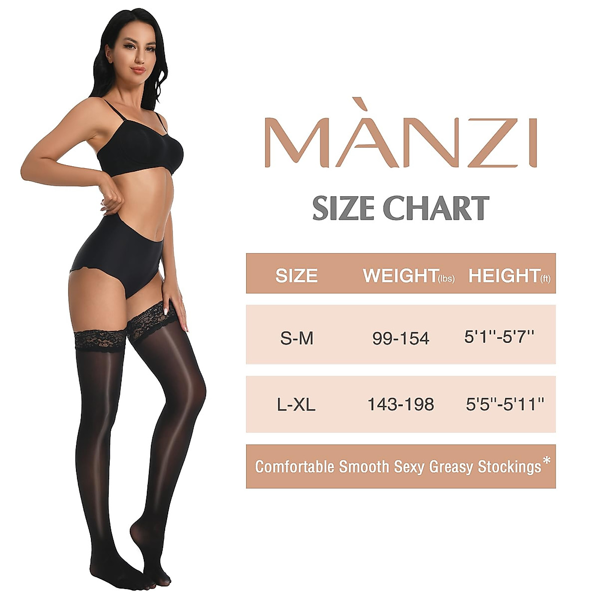 MANZI Shiny Thigh High Stockings Sexy Lace Top Stay Up Silky Sheer Stocking Shimmery Tights for Women 2 Pairs Pack(Black,S-M)