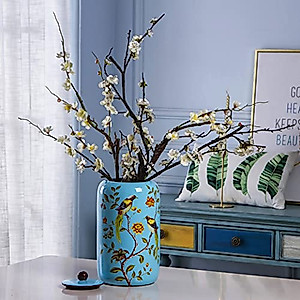 Blue Ceramic Cylinder Vase Ginger Jar with Lid for Home Decor, Floral Bird Temple Jar Vase Traditional Porcelain Dried Flower Vases Gift Jar Decoration for Living Ro S