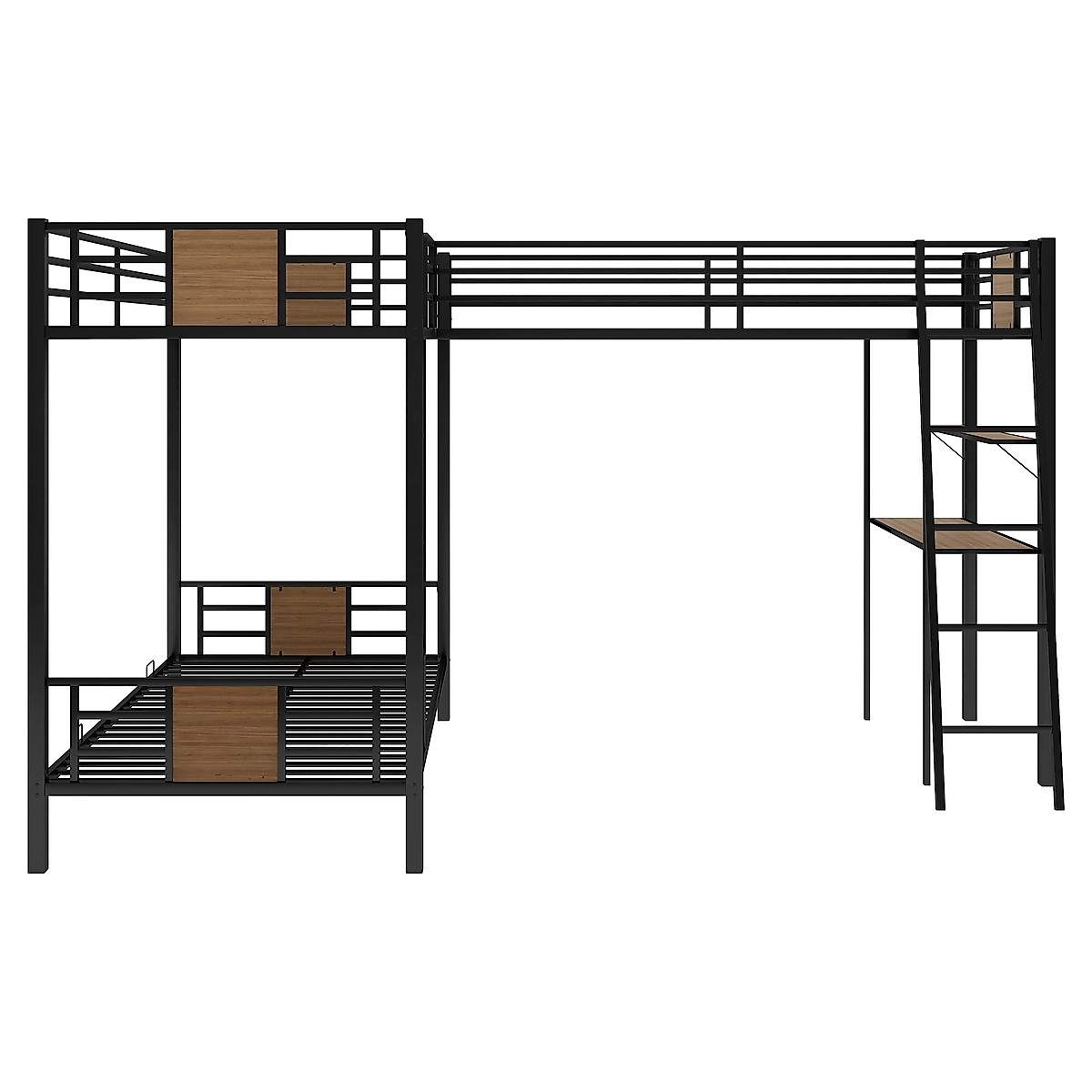 GLORHOME Twin-Over-Twin Triple Bed Metal Bunk Bed + Loft Bed with Desk and Shelf, Space Saving Bedroom Furniture