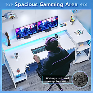 SEDETA White Gaming Desk 70.8'' with LED Lights and Storage Shelves, Computer Desk with Monitor Stand, Power Outlets and Cup Holder, Large PC Gamer Desk, Gaming Table for Bedroom, Living Room